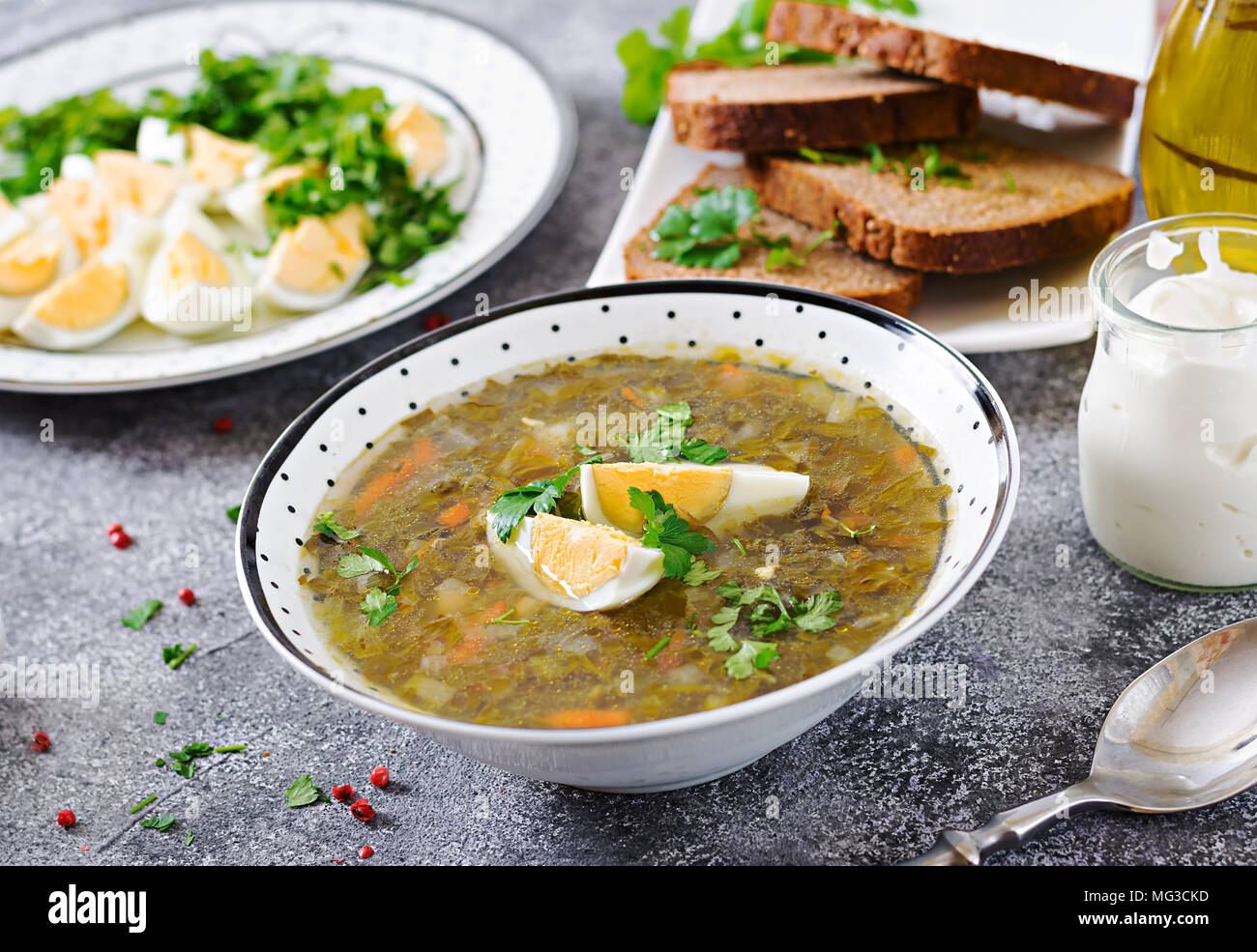 Green sorrel soup with eggs. Summer menu. Healthy food Stock Photo - Alamy