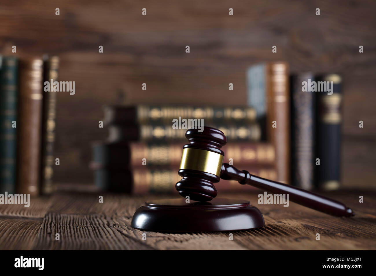 Courtroom library. Mallet of the judge. Place for typography Stock ...