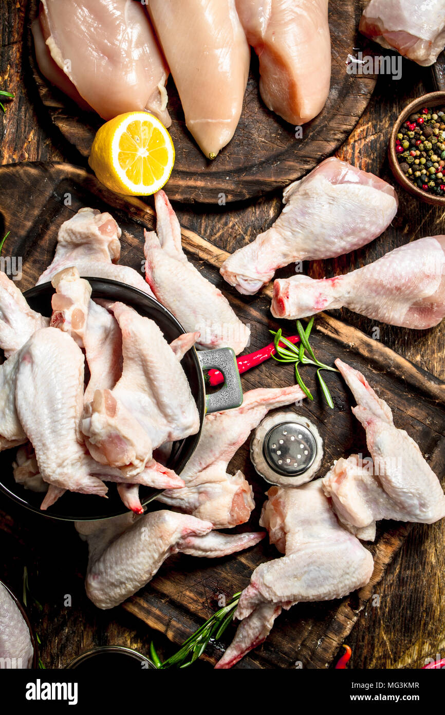 Various types of raw chicken meat with herbs .On wooden background ...