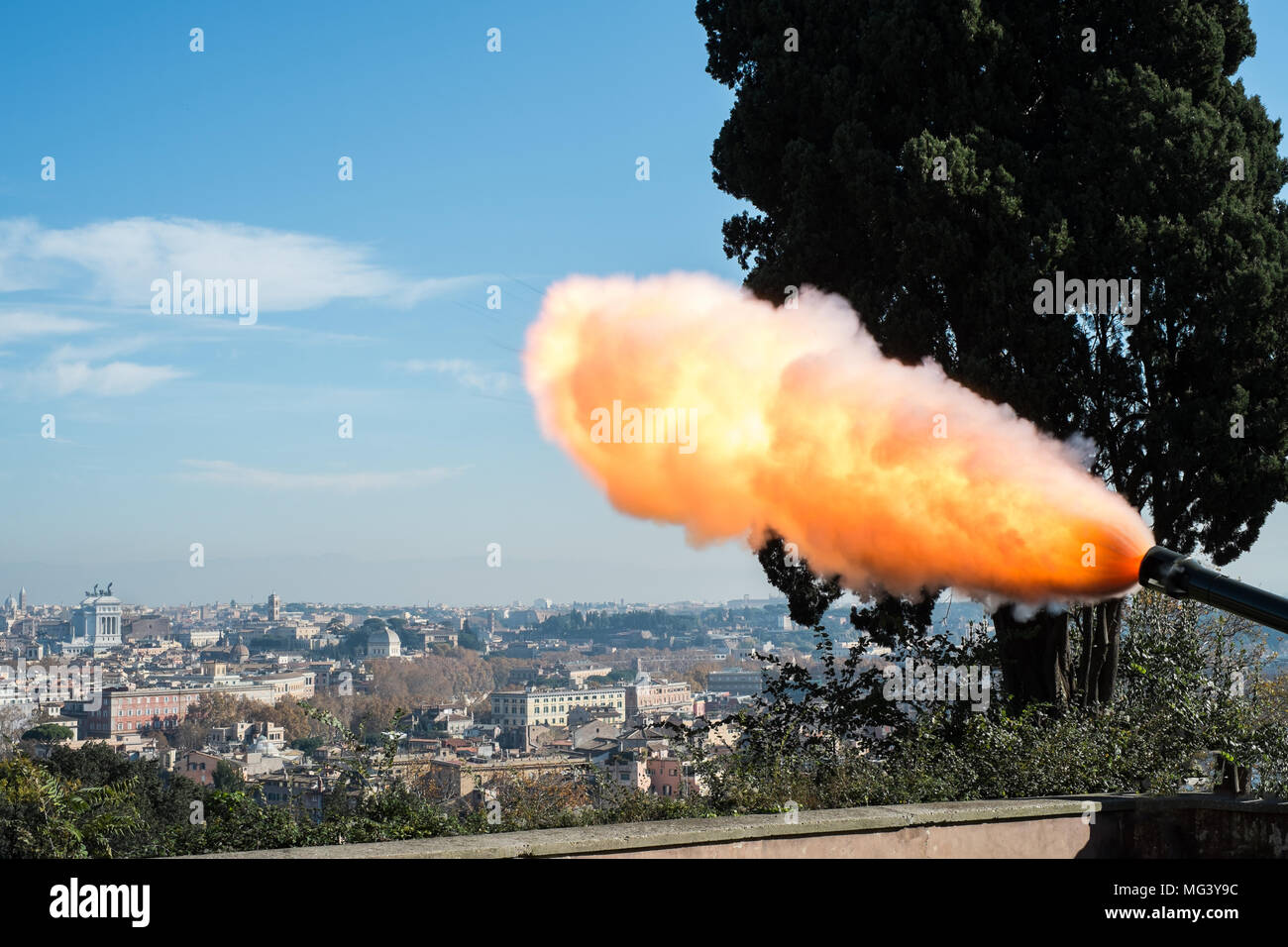 The twelve o'clock ritual gun fire in Rome from Gianicolo hill Stock ...