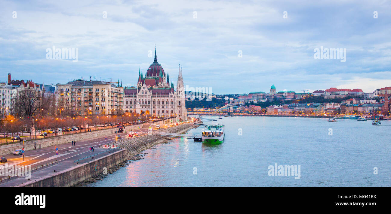 Budapest at evening panorama with blue Danube, Hungary Stock Photo - Alamy