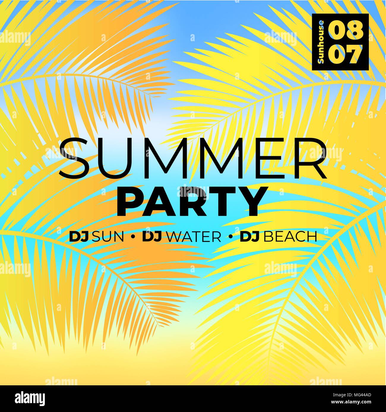 Tropical summer beach party poster template with palms and sea ...