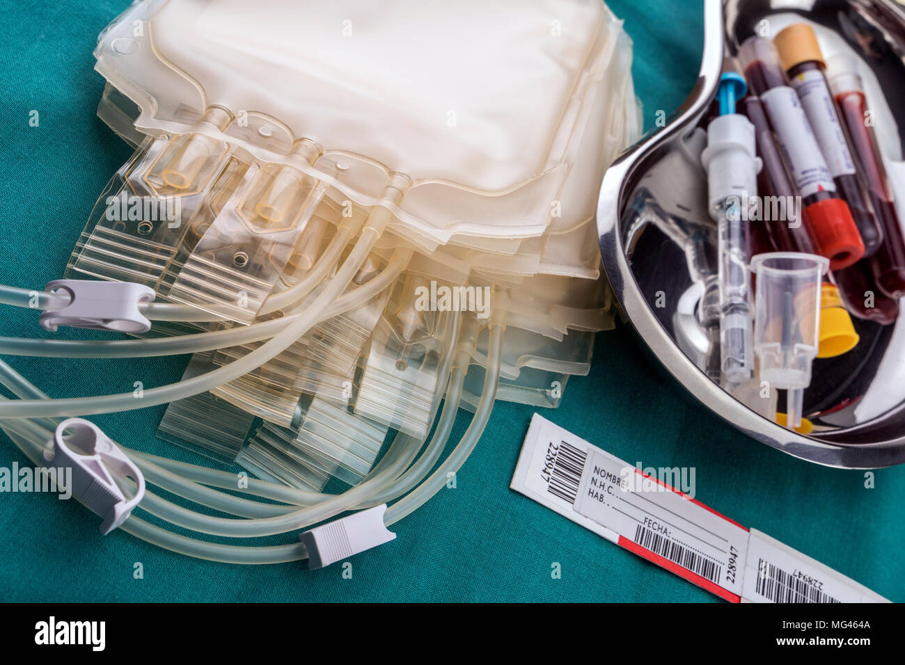 Empty blood bags at a hospital table, conceptual image Stock Photo - Alamy