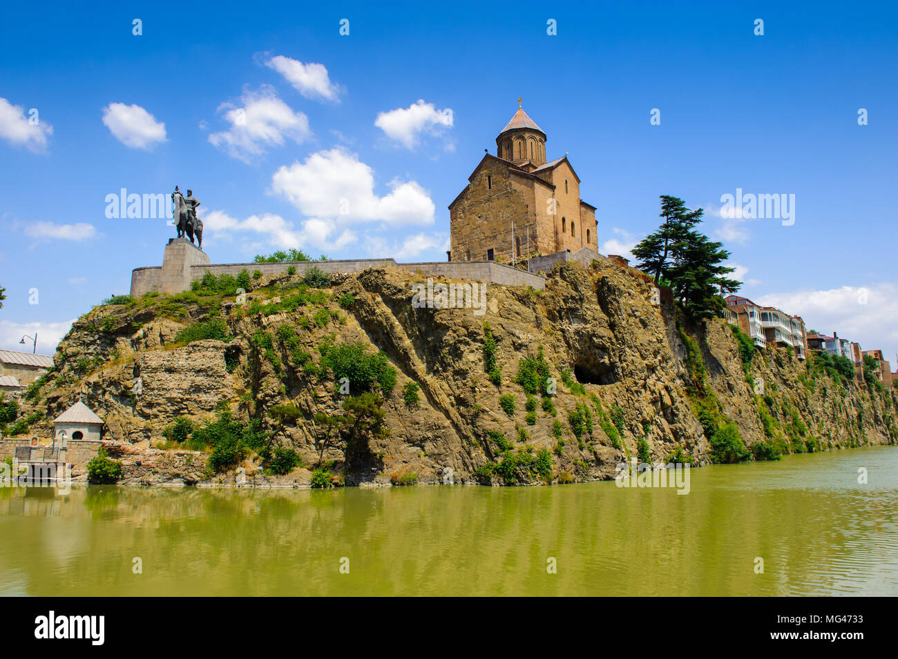 Metekhi Church on the elevated cliff that overlooks the Mtkvari river ...
