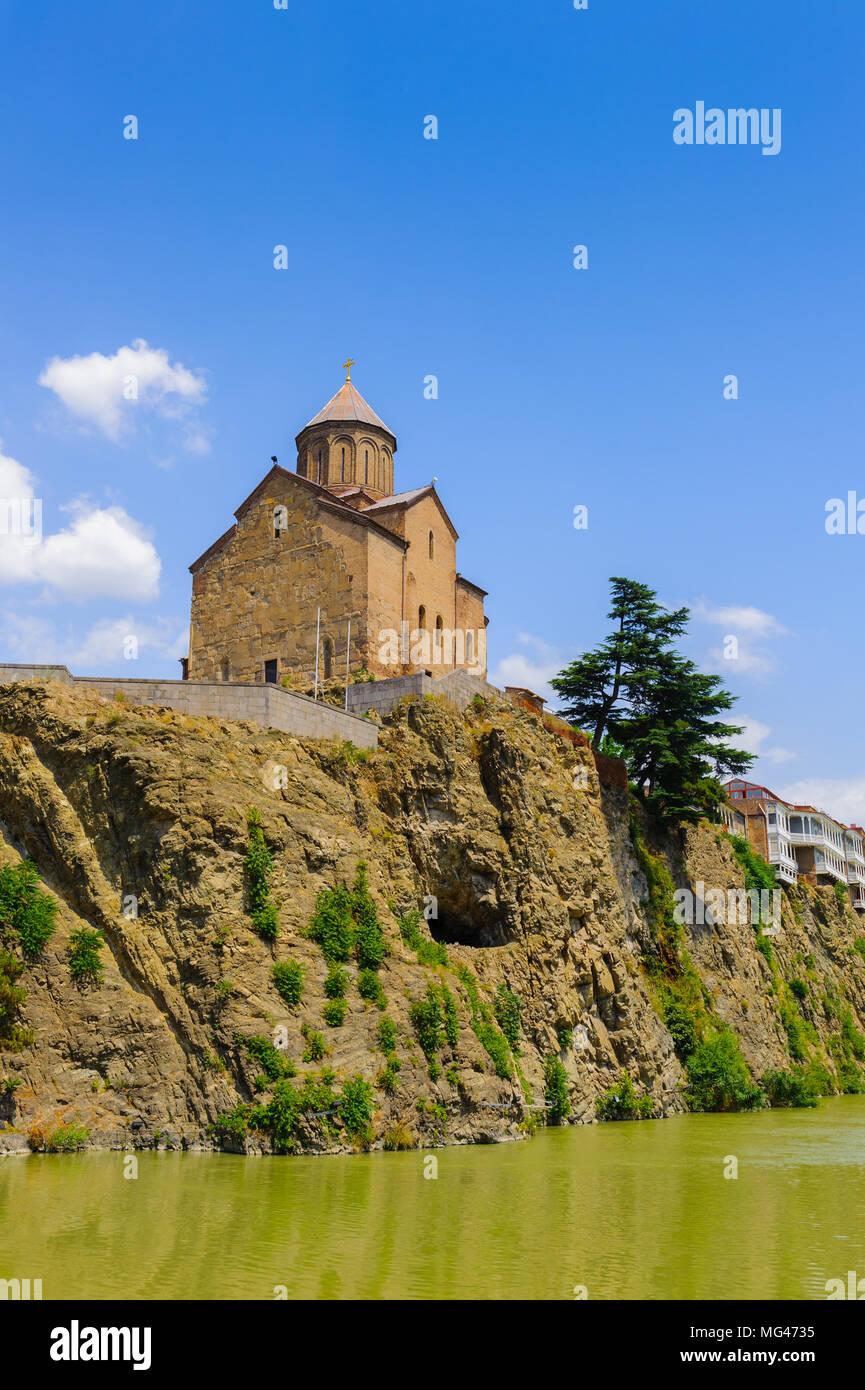 Metekhi Church on the elevated cliff that overlooks the Mtkvari river ...