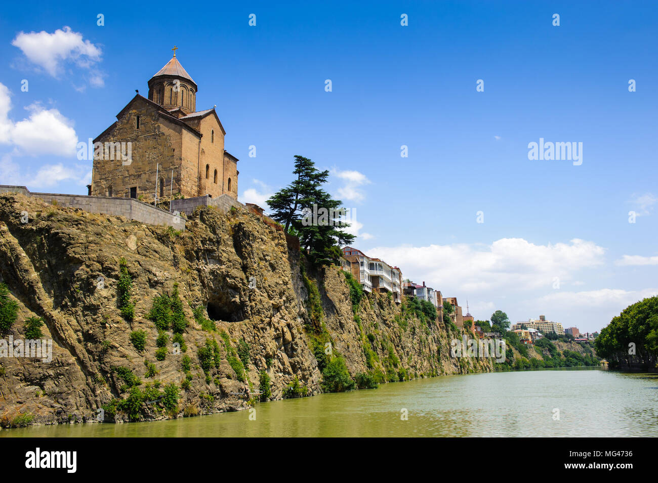 Metekhi Church on the elevated cliff that overlooks the Mtkvari river ...