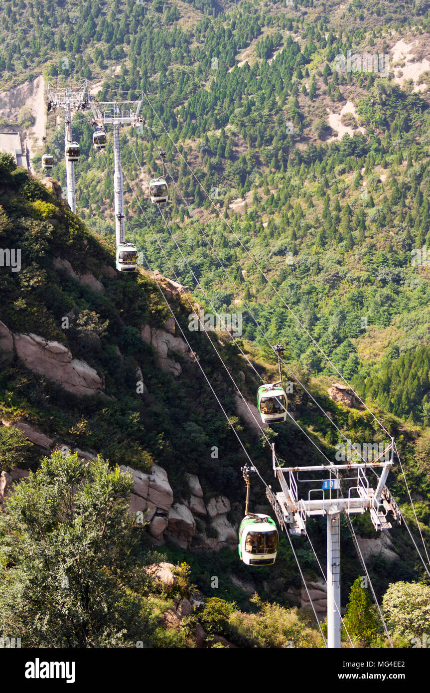 Cable cars transporting visitors to the Great Wall of China at Badaling ...