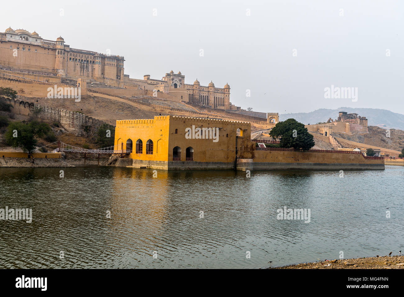 View of the Amer Fort (Amber Fort and Amber Palace) and the lake Jaipur ...