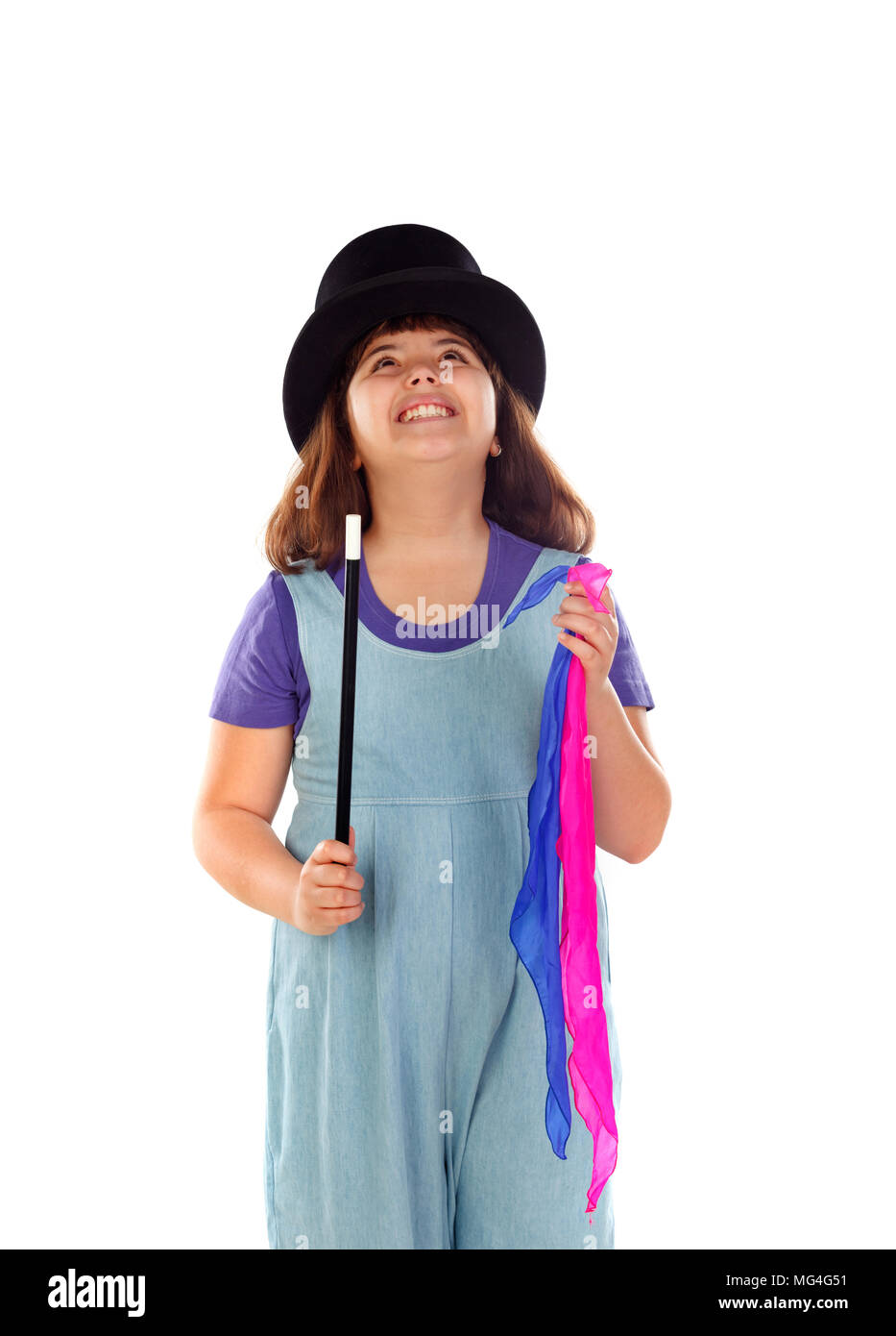 Pretty little girl doing magic with a top hat and a magic wand isolated ...