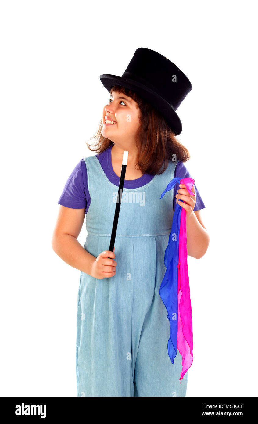 Pretty little girl doing magic with a top hat and a magic wand isolated ...