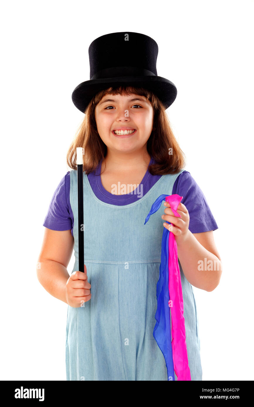 Pretty little girl doing magic with a top hat and a magic wand isolated ...
