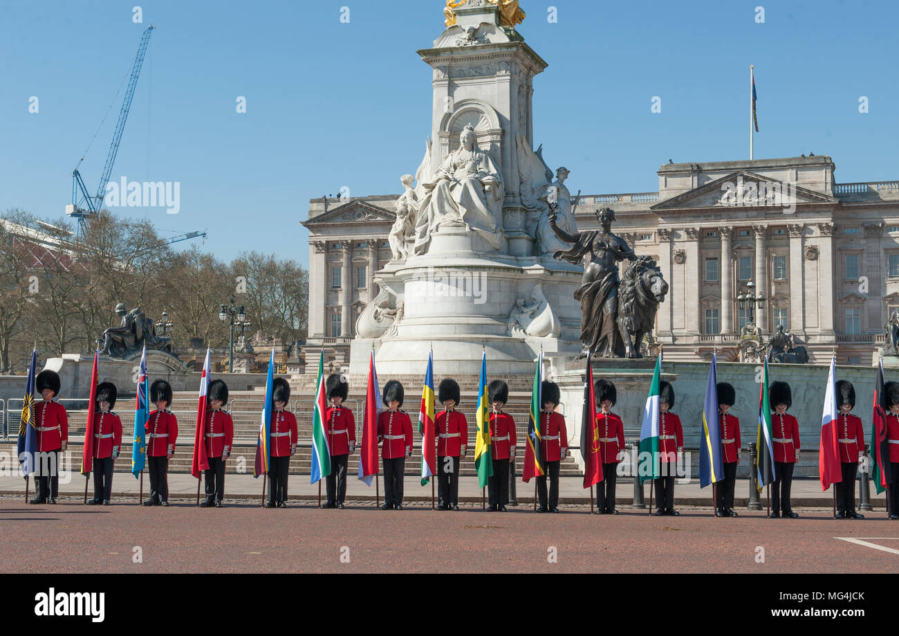 19 April 2018. London, UK. Coldstream Guards carry the 53 flags of ...