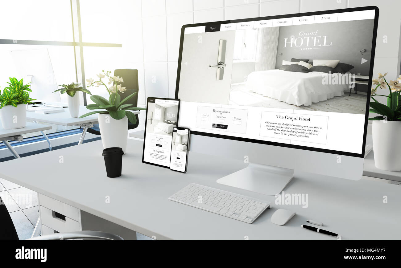 grand hotel screen devices mockup at coworking office 3d rendering ...