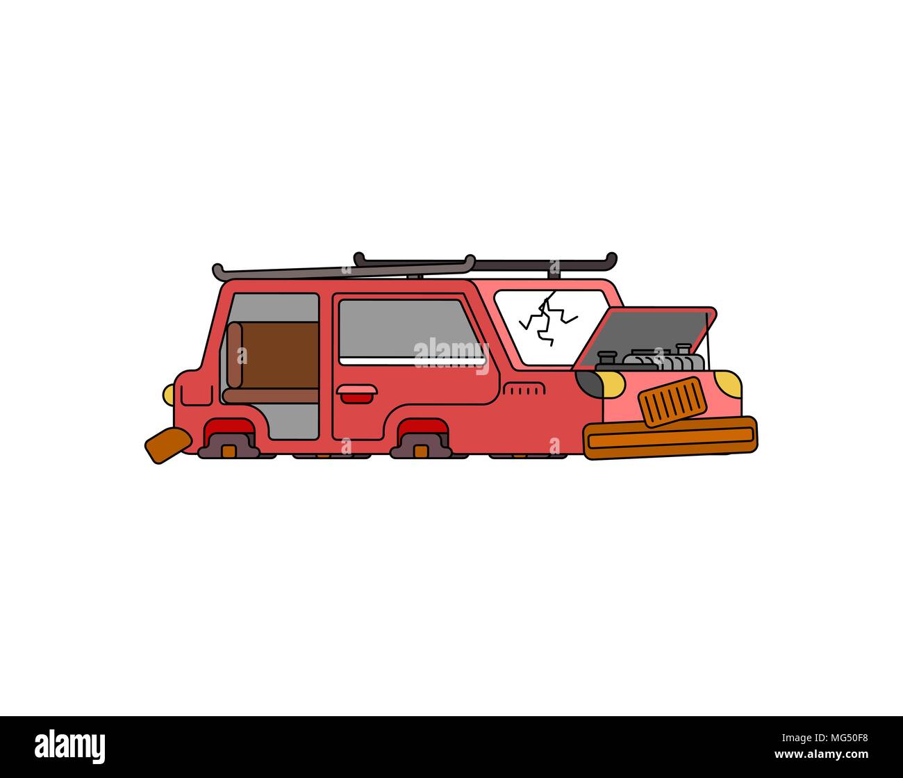 Car broken isolated. Auto and Blown wheels. shattered glass. Vector ...