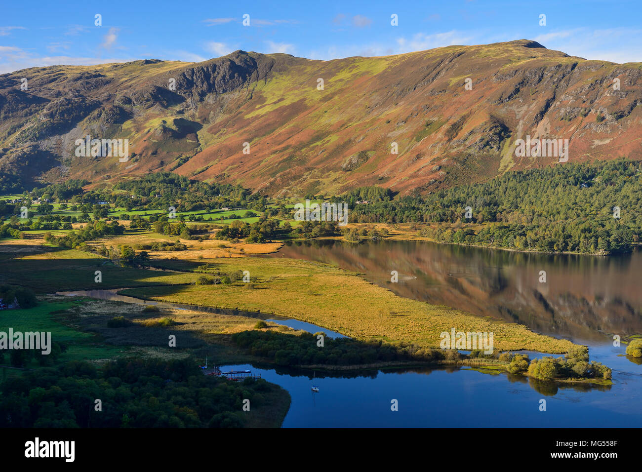 Elevated view looking south to where River Derwent enters Derwent Water ...