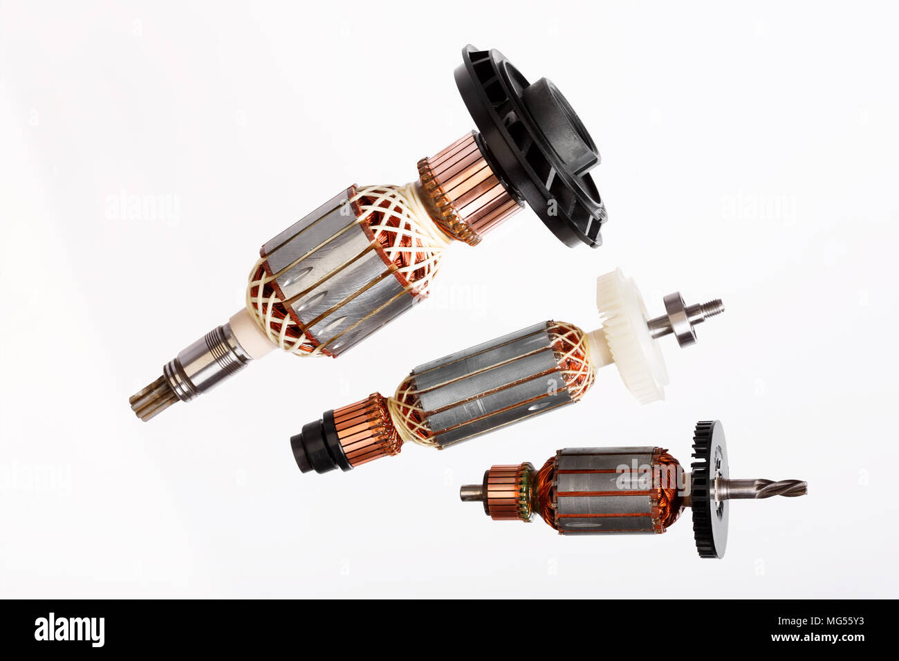 Three electric motor rotors isolated white background. High resolution ...