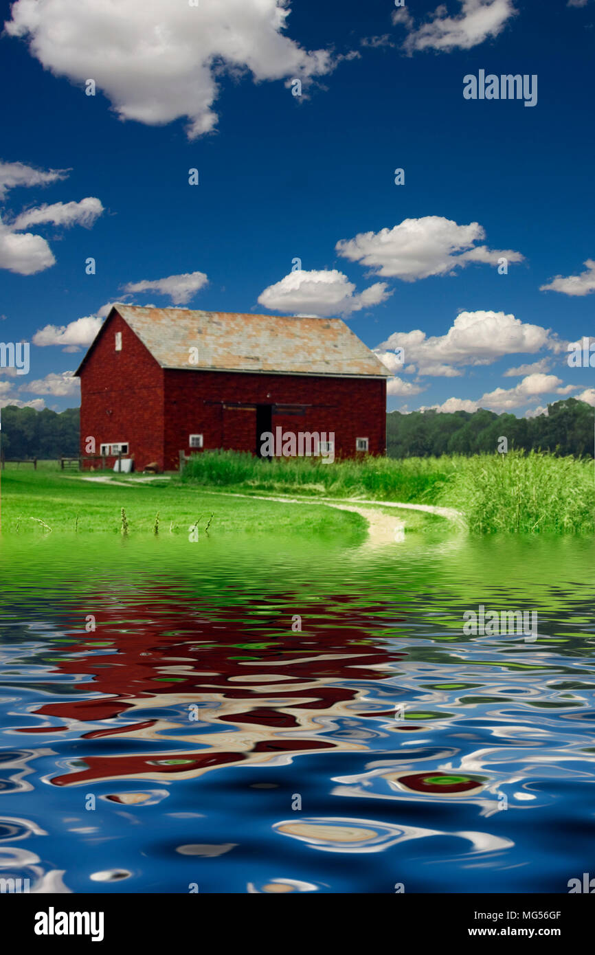Red Barn in field of wheat. River or lakeshore Stock Photo - Alamy