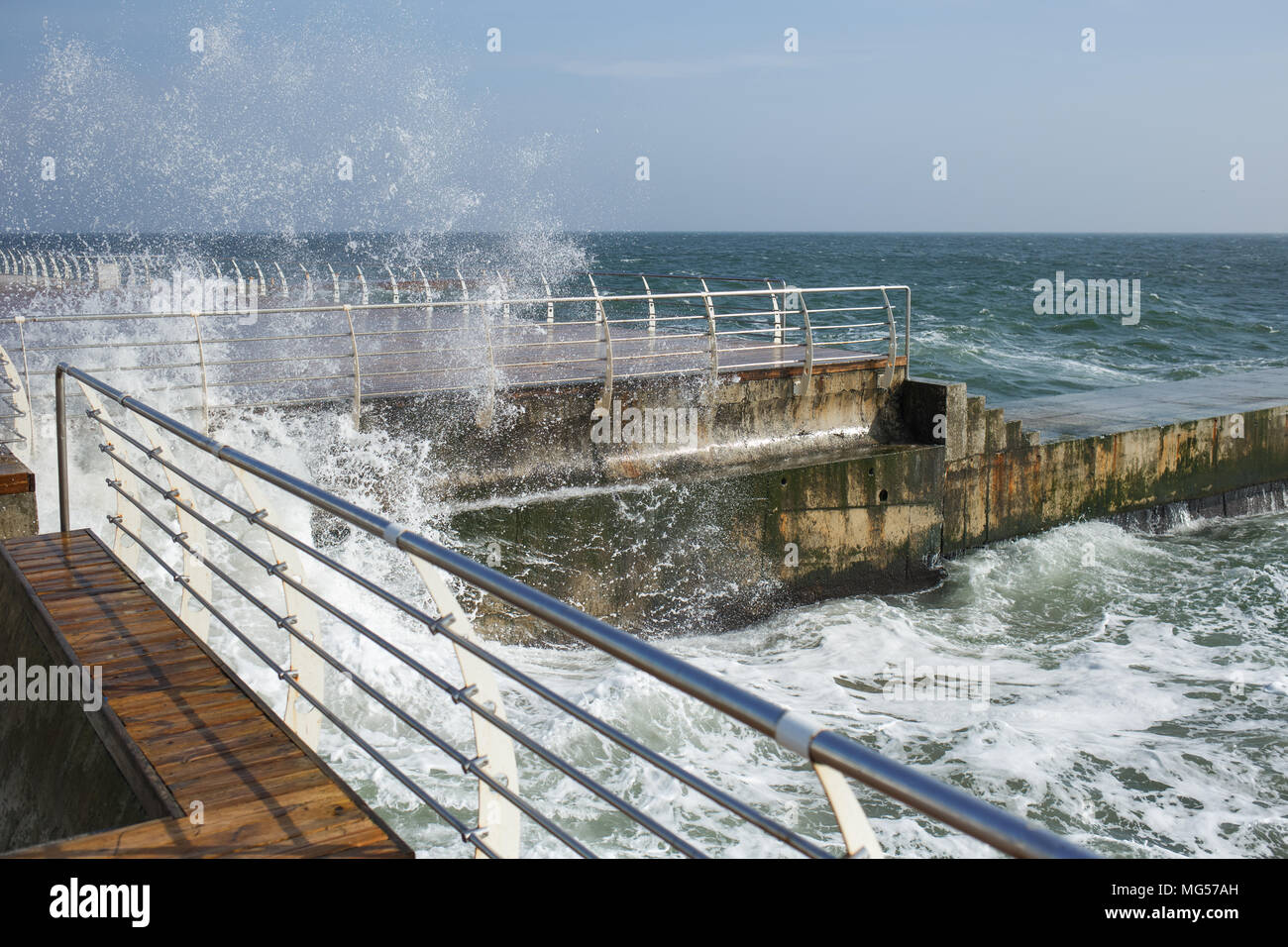 Splashing sea water on spring sunny windy stormy day. Horizontal color ...