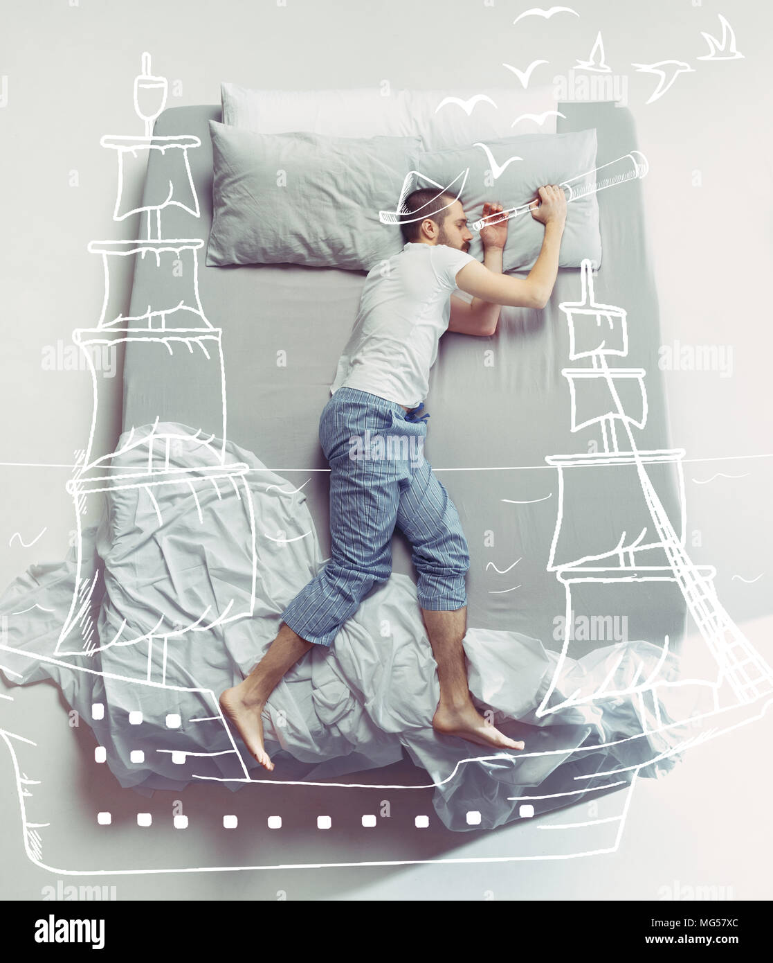 Top view photo of young man sleeping in a big white bed and his dreams ...