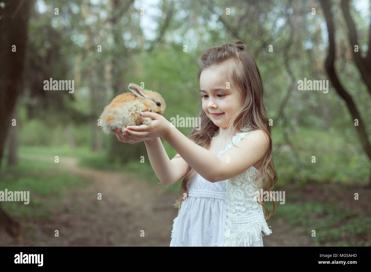 Little girl stands in the woods and holds a small rabbit in her hands ...