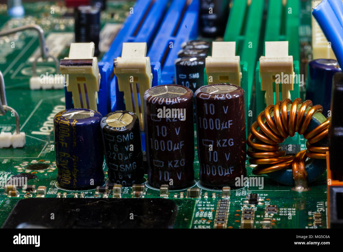 Macro photography of personal computer parts within the motherboard ...