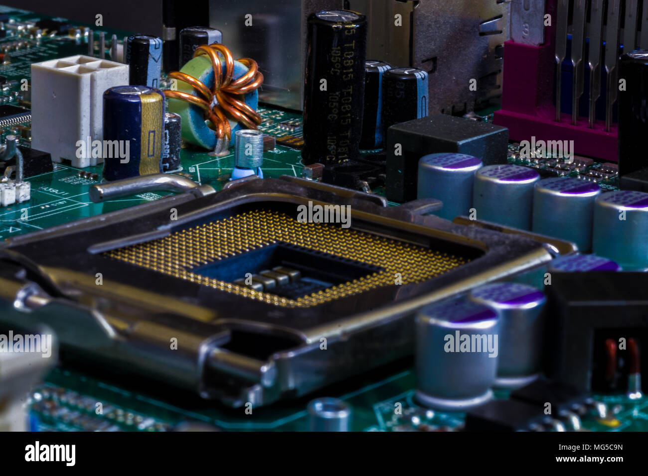 Macro photography of personal computer parts within the motherboard ...