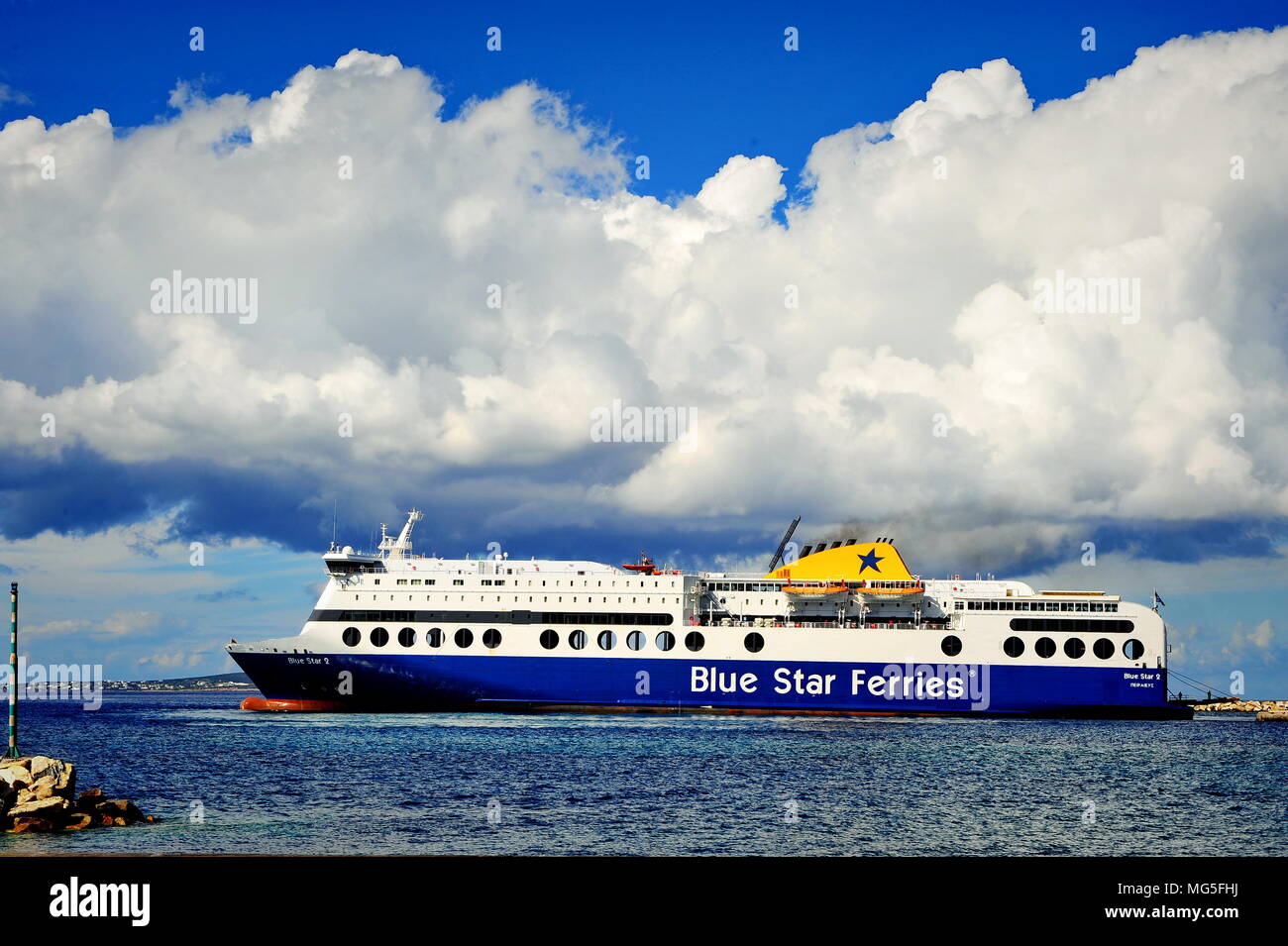 NAXOS, GREECE - FEBRUARY 22: Blue Star Ferries ship at the port of ...