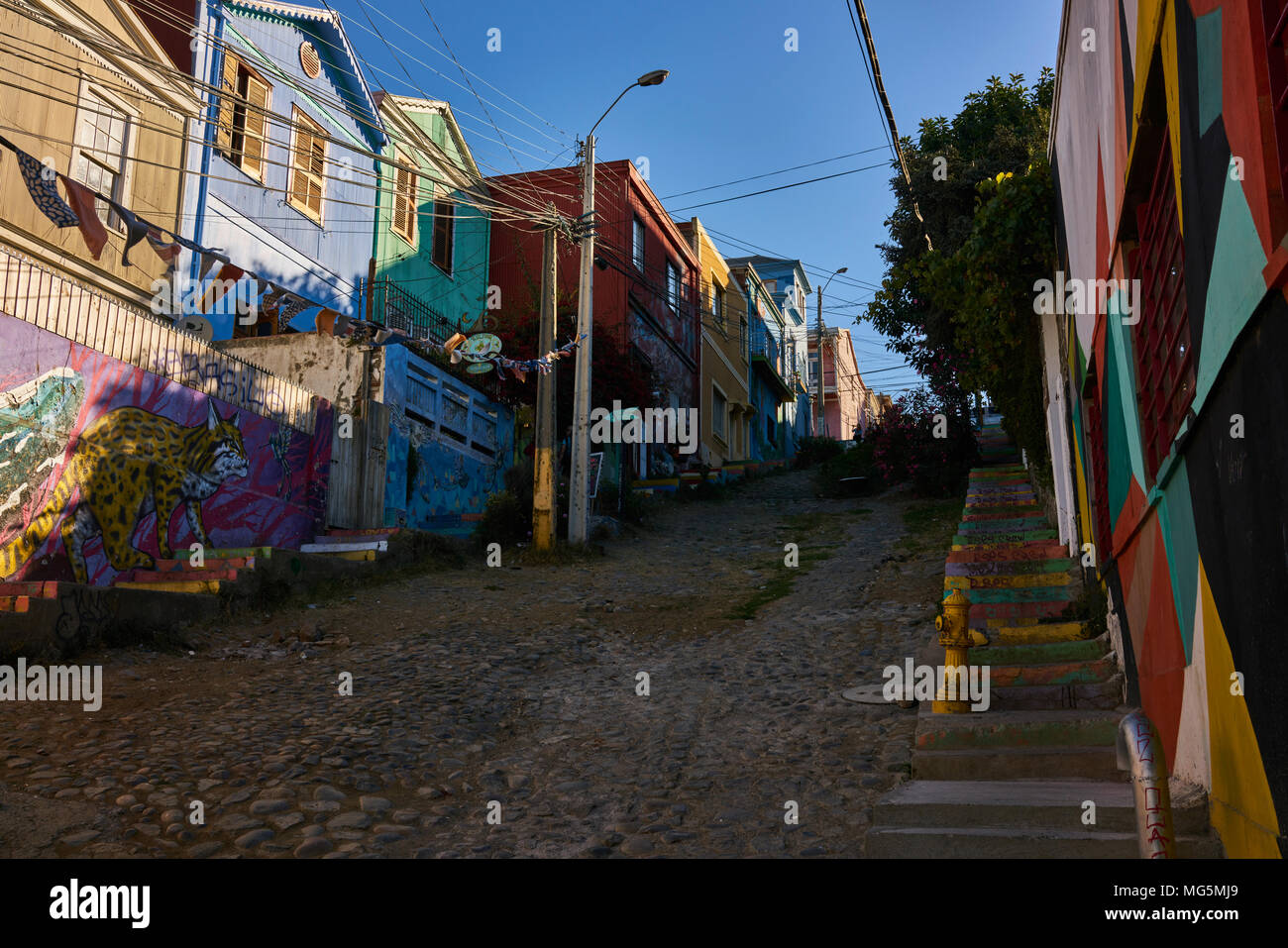 Uphill street in Valparaiso, Chile. The famed Cerro Concepcion hill and ...