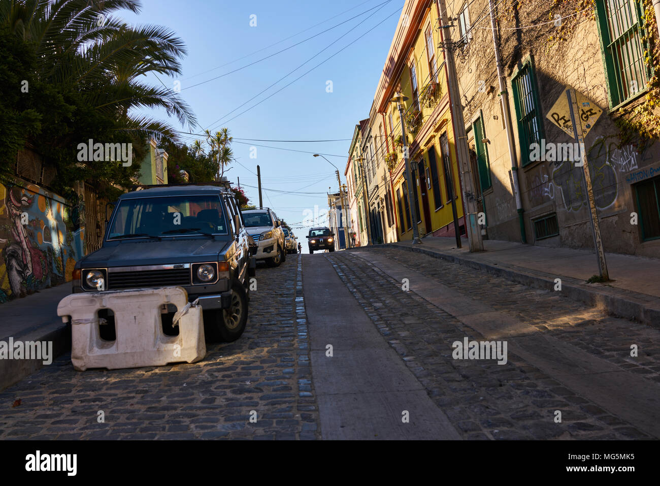 Uphill street in Valparaiso, Chile. The famed Cerro Concepcion hill and ...