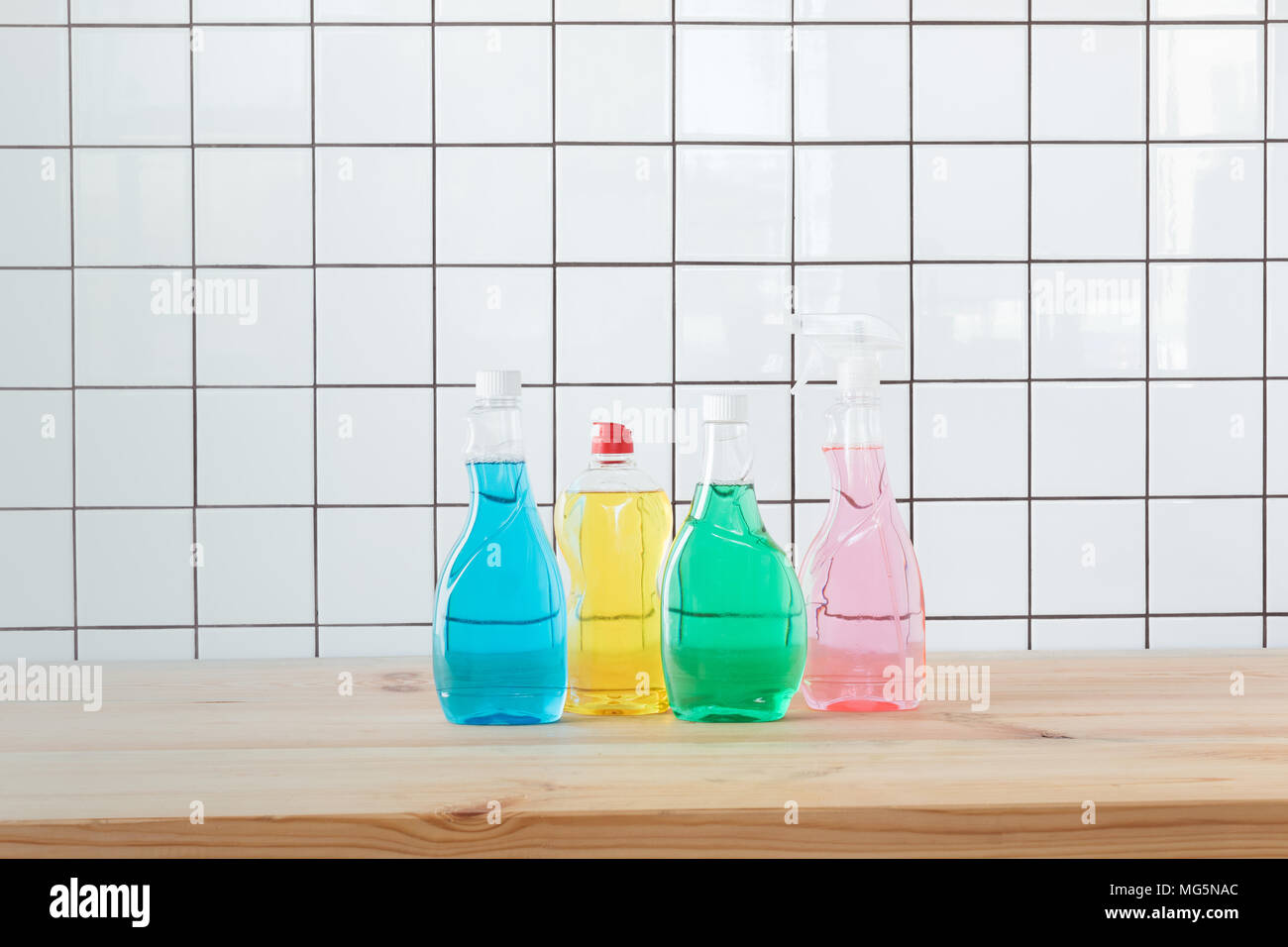 plastic bottles with cleaning fluids Stock Photo - Alamy