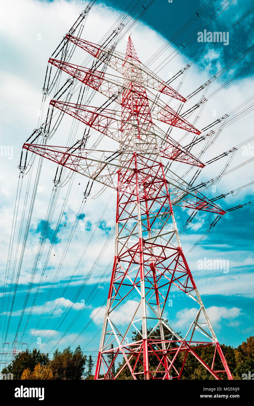 red white pylon, low angle Stock Photo - Alamy