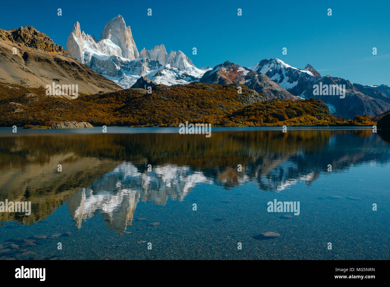 View of Mount Fitz Roy and the lake in the National Park Los Glyareas ...