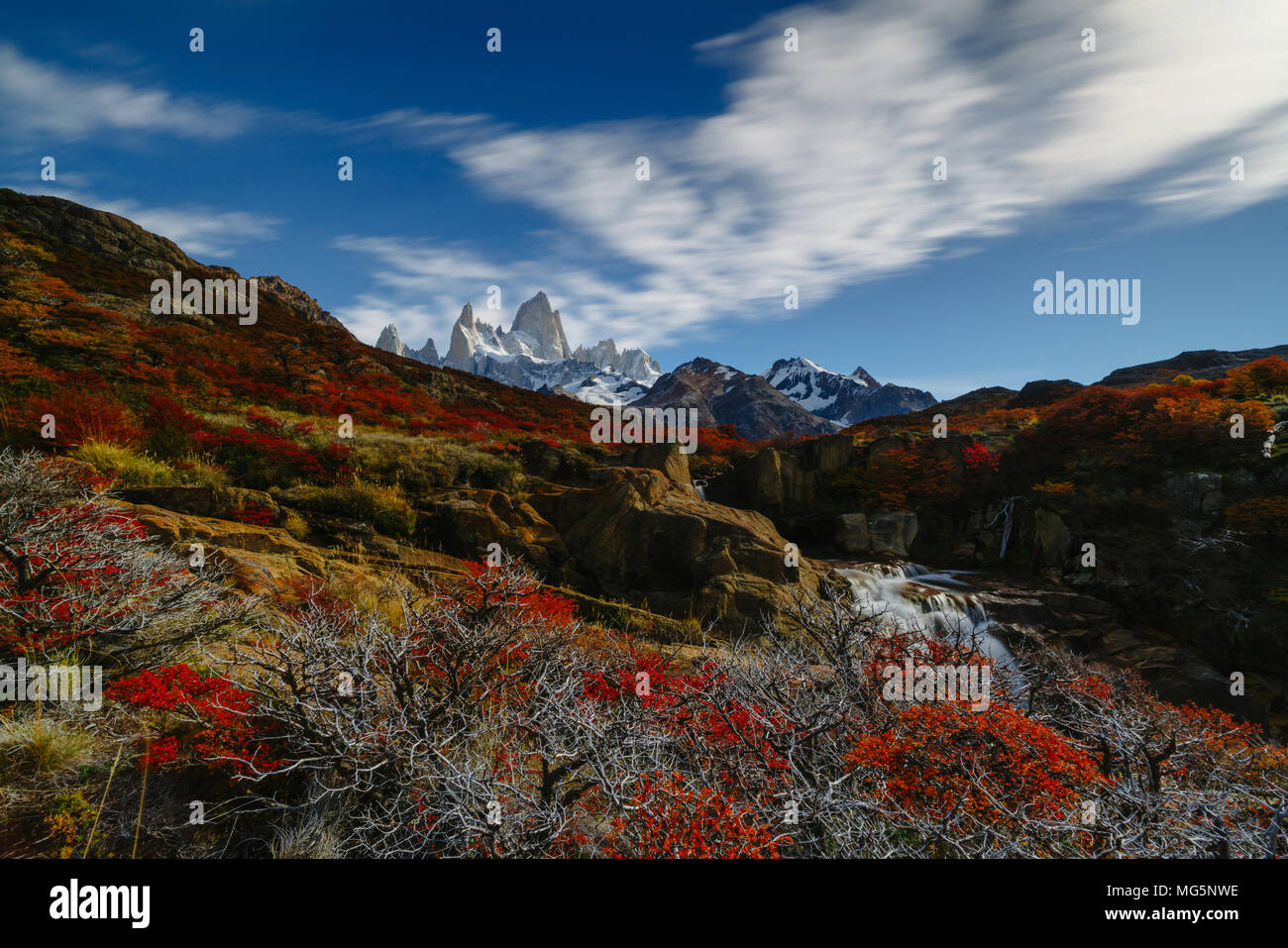 View of the Fitz Roy mountain and the waterfall in the Los Glyacious ...