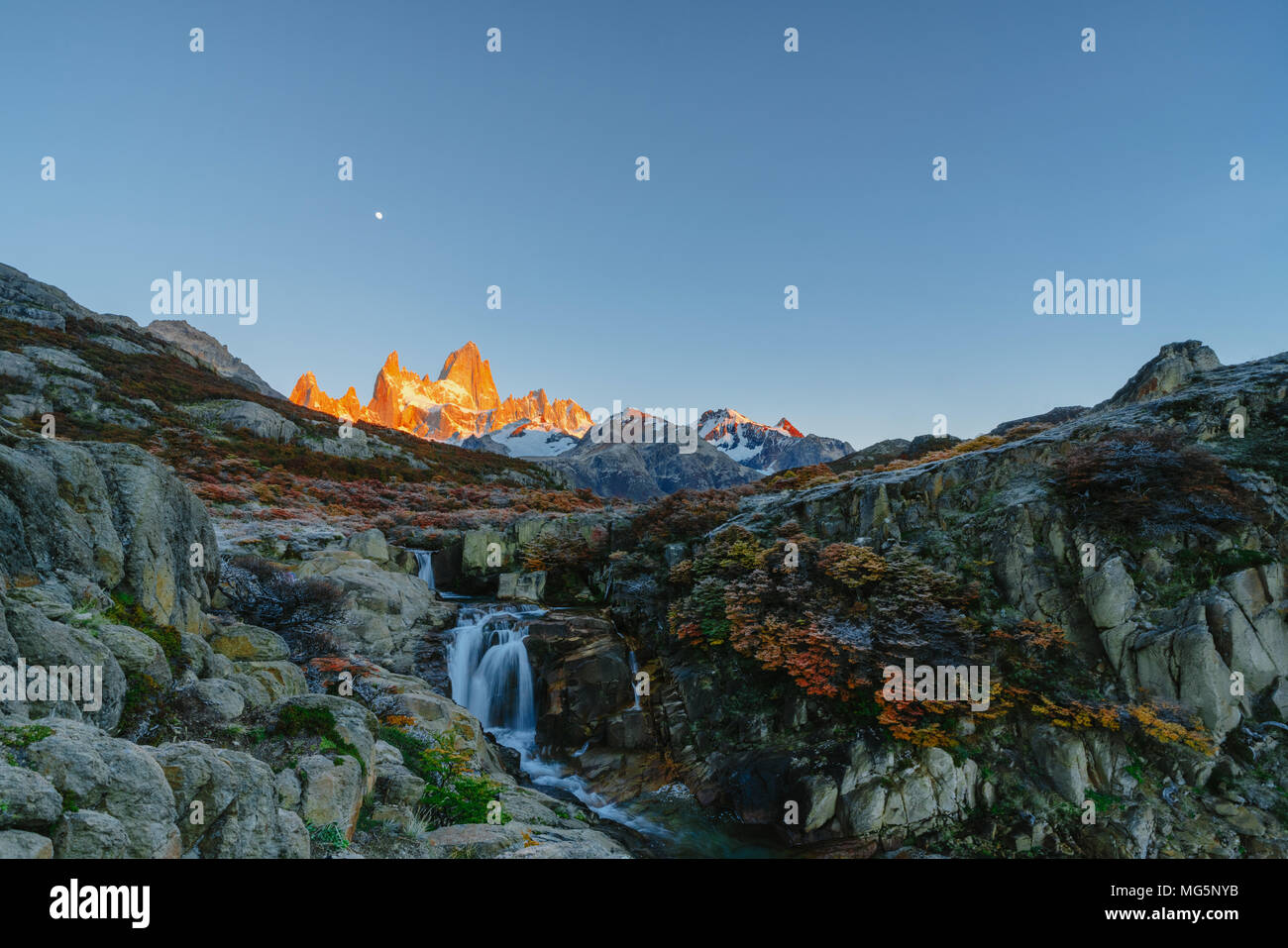 View of Mount Fitz Roy and the waterfall in the Los Gly rez National ...