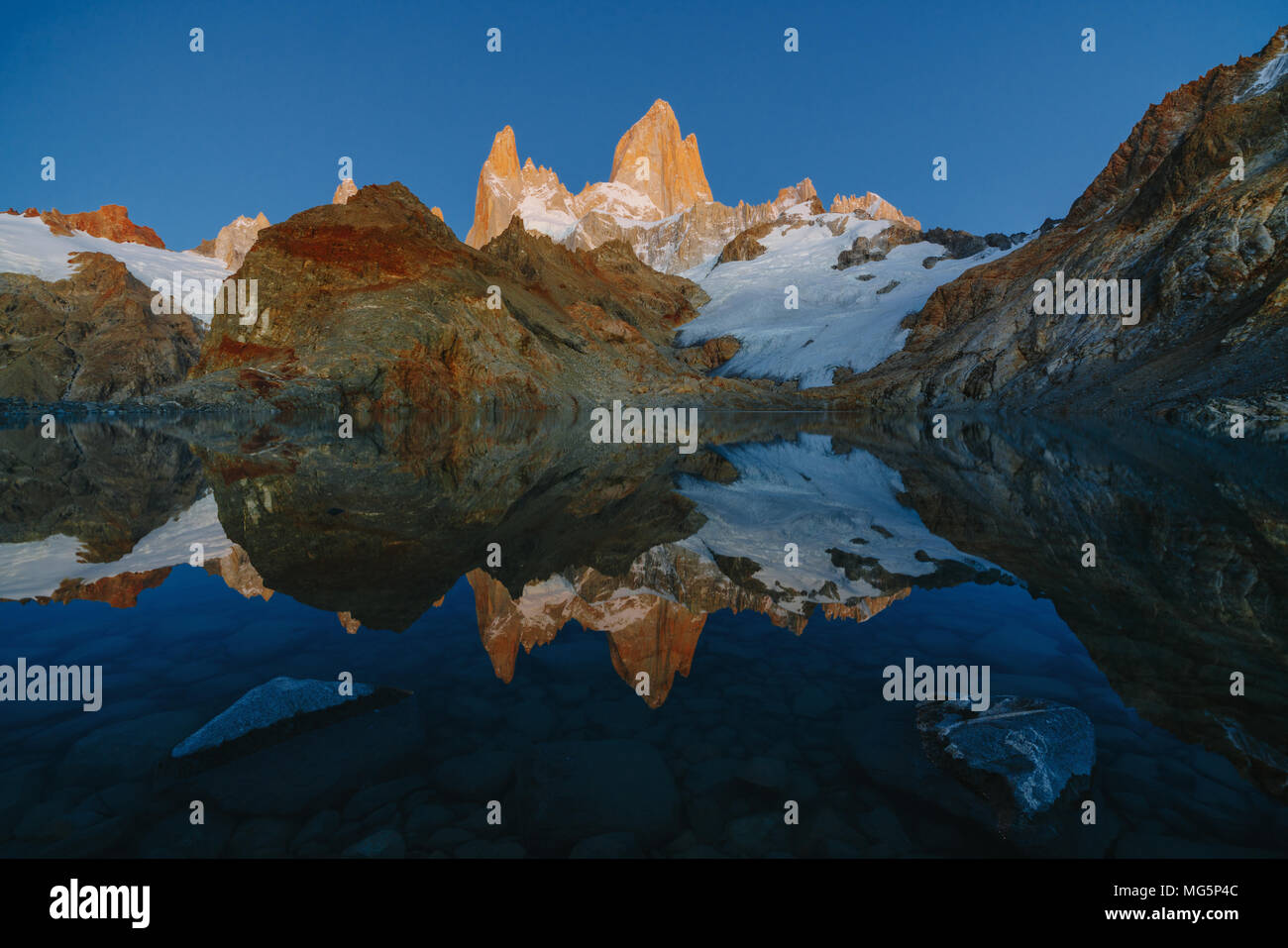 View of Mount Fitz Roy and the lake in the National Park Los Glaciares ...