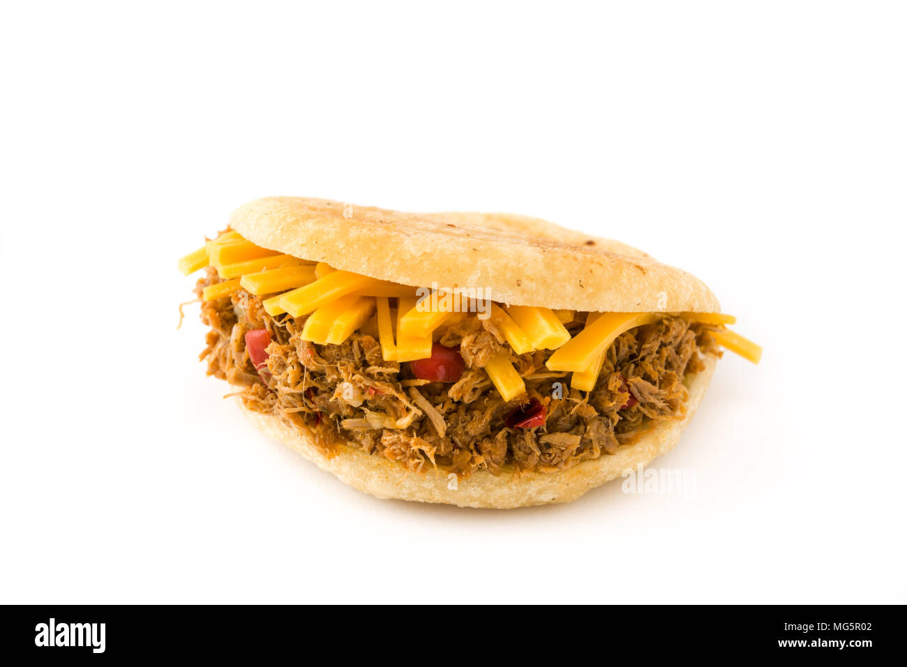 Arepa with shredded beef and cheese isolated on white background ...