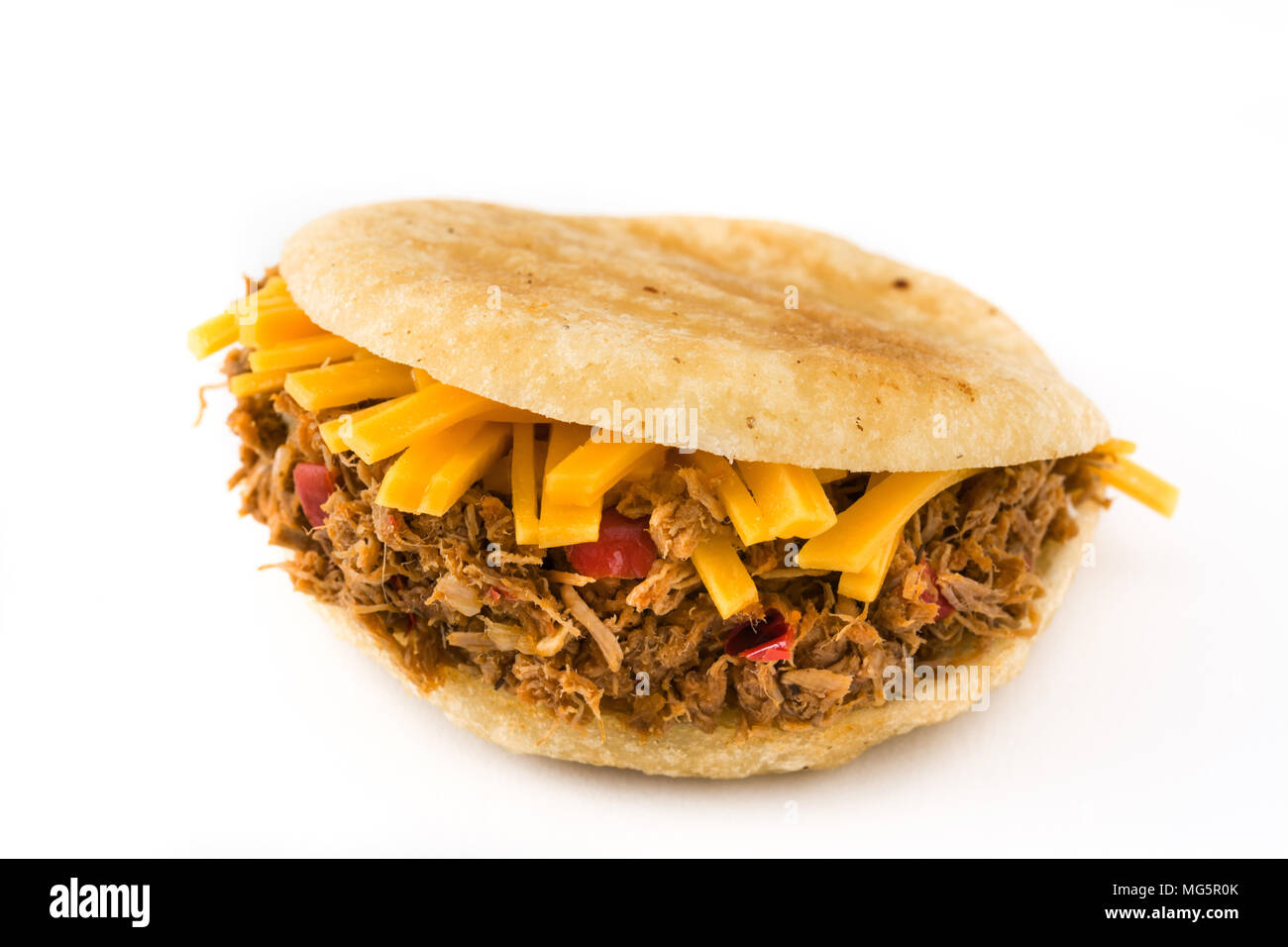 Arepa with shredded beef and cheese isolated on white background ...