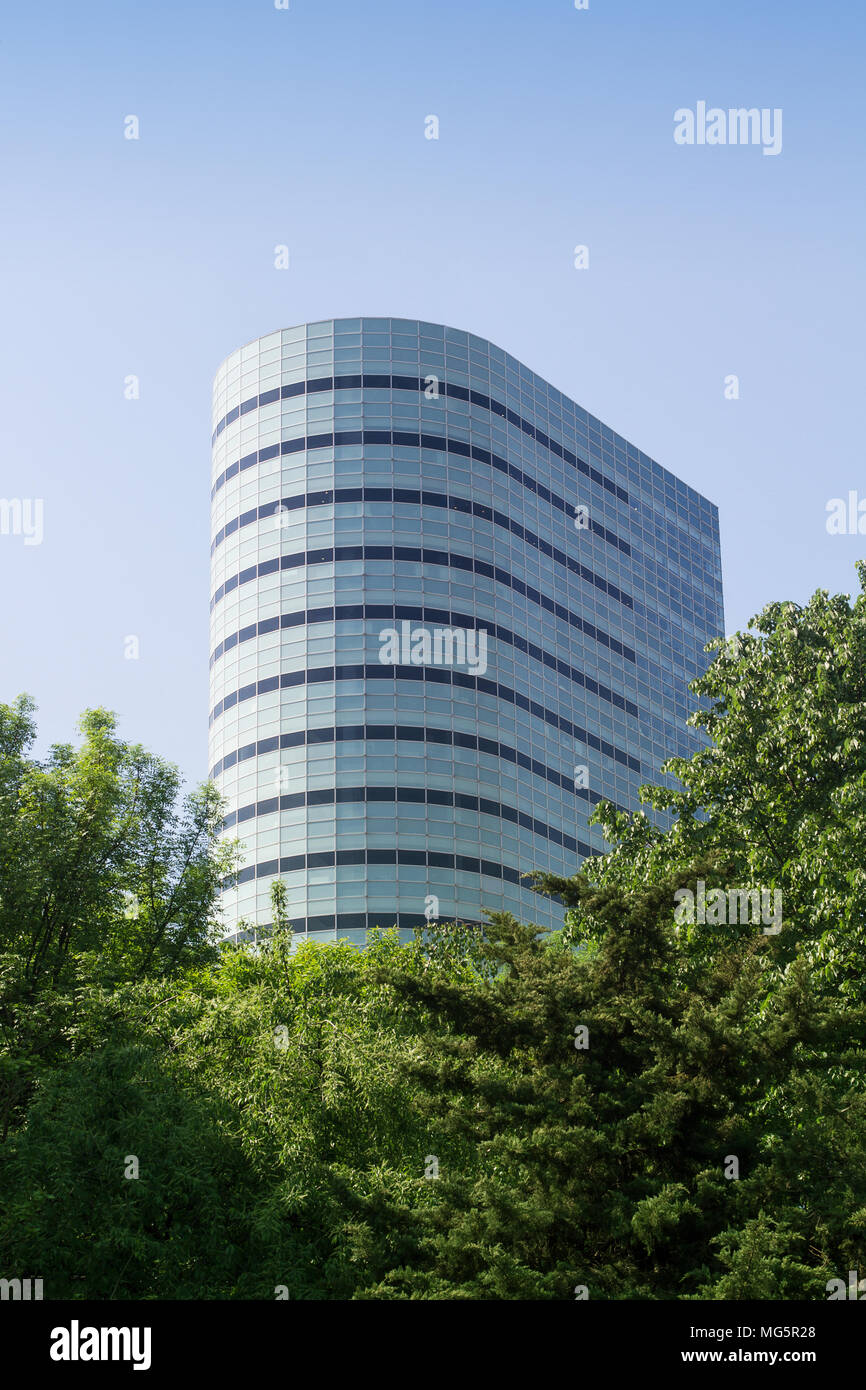 front view of one lonely city office skyscraper business building ...