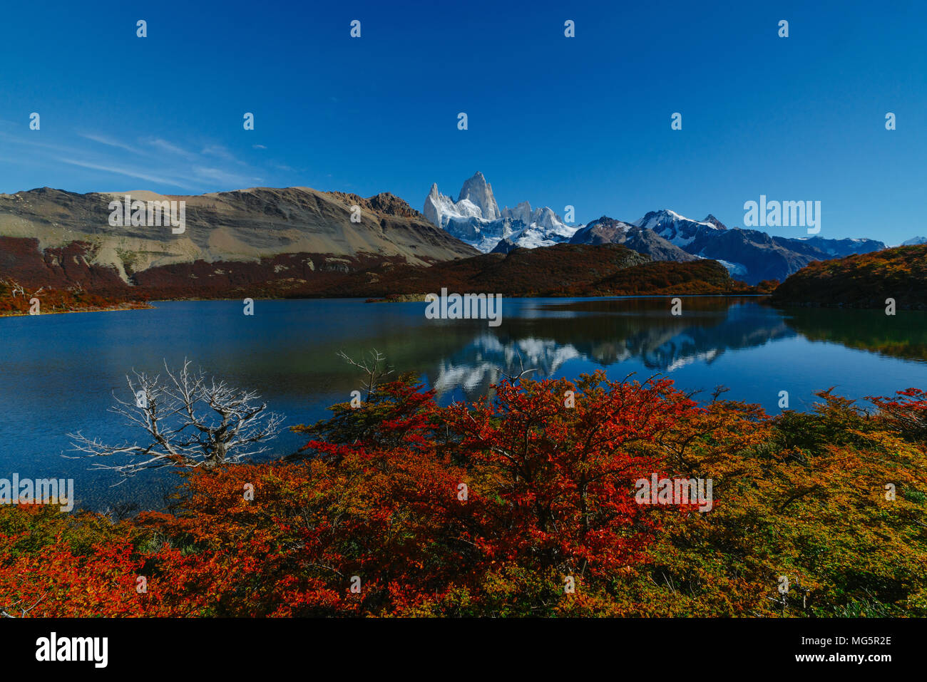 View of Mount Fitz Roy and the lake in the National Park Los Glyareas ...