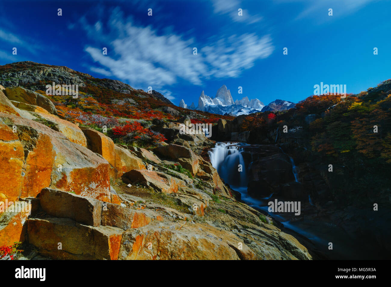 View of the Fitz Roy mountain and the waterfall in the Los Glyacious ...