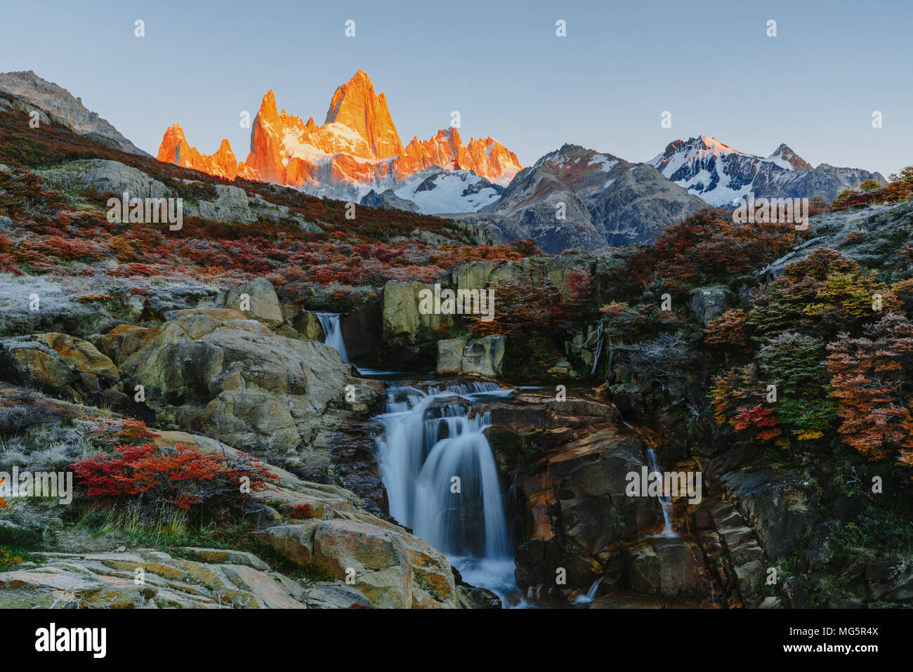 View of Mount Fitz Roy and the waterfall in the Los Gly rez National ...