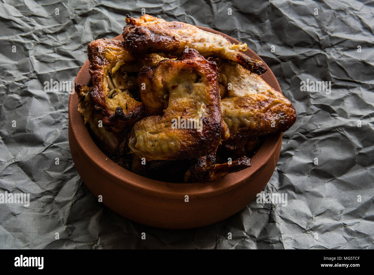 A type of food, a serving of the wing sections of a chicken, deep fried ...