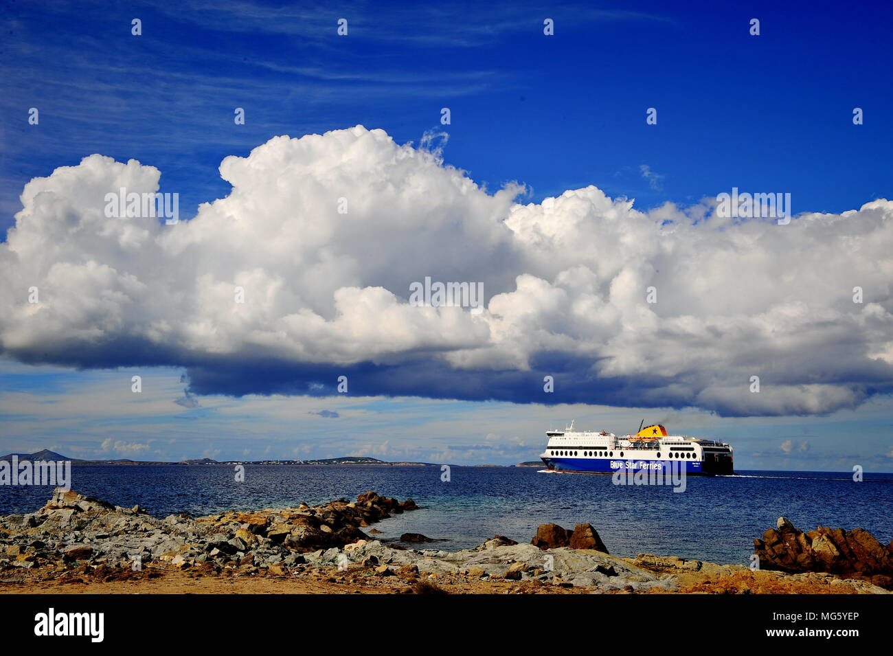 NAXOS, GREECE - FEBRUARY 22: Blue Star Ferries ship at the port of ...