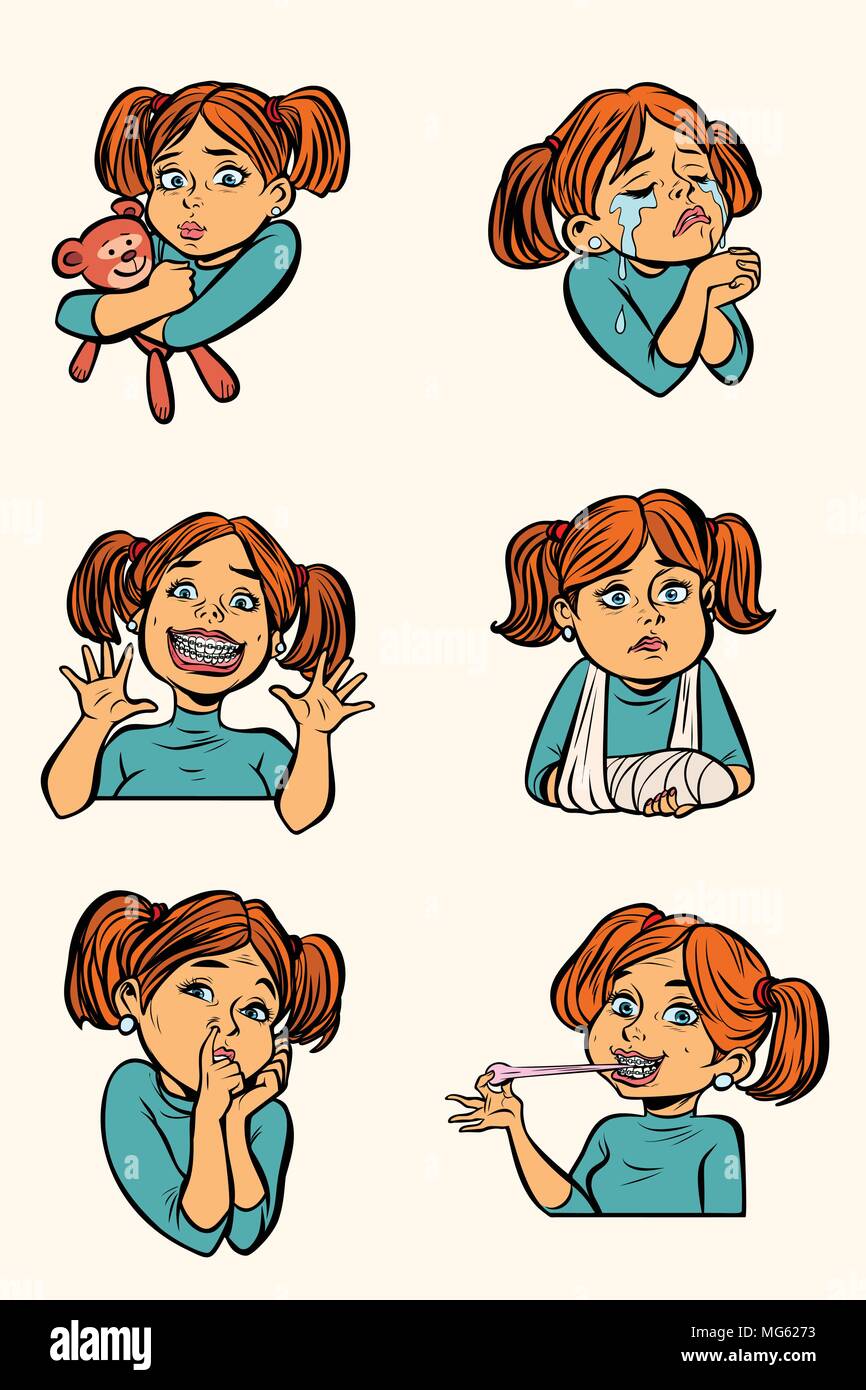 set collection little girl in different situations. Comic cartoon pop ...