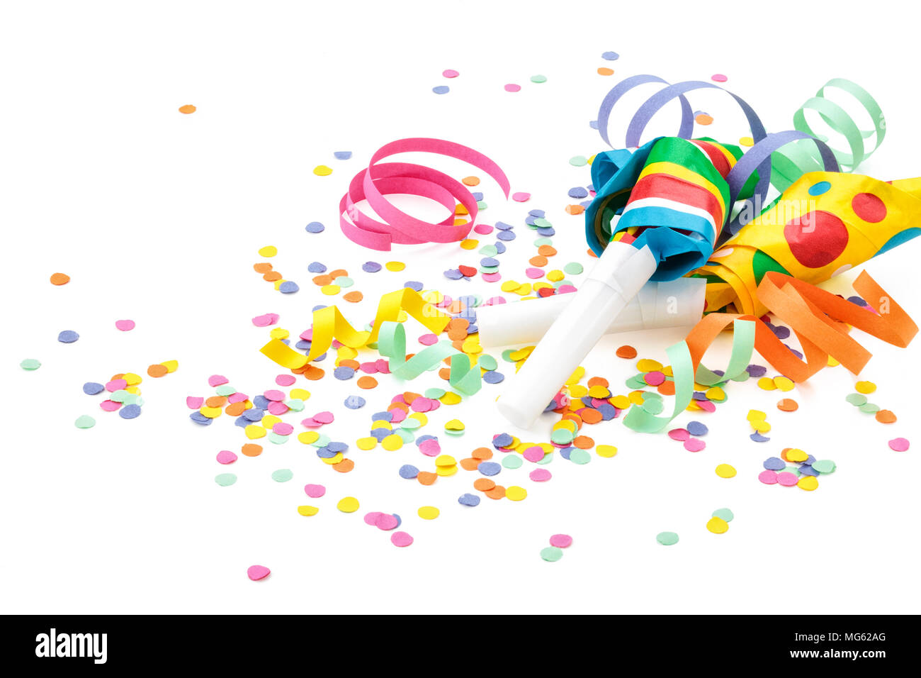Noisemakers, streamers and confetti. Isolated on white background Stock ...