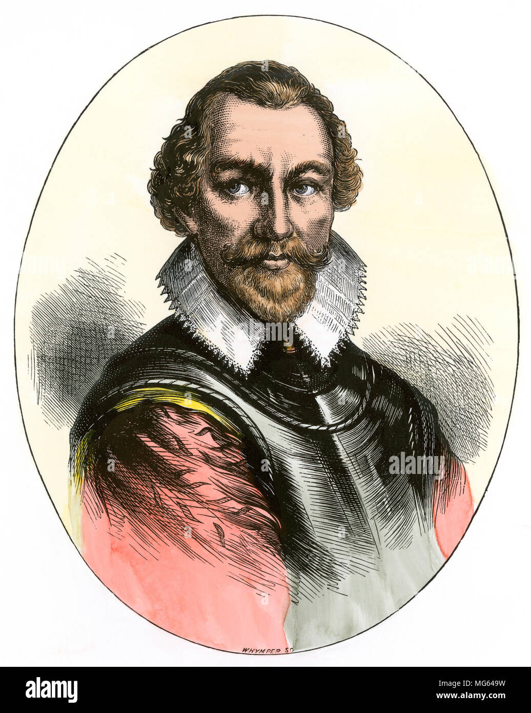 Martin Frobisher, English Arctic explorer, 1500s. Hand-colored woodcut ...