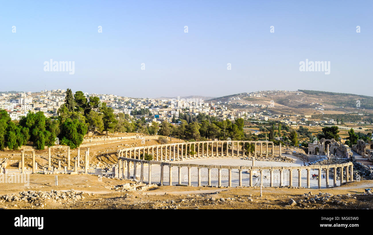 Oval forum, Roman ruins in the Jordanian city of Jerash, (Gerasa of ...