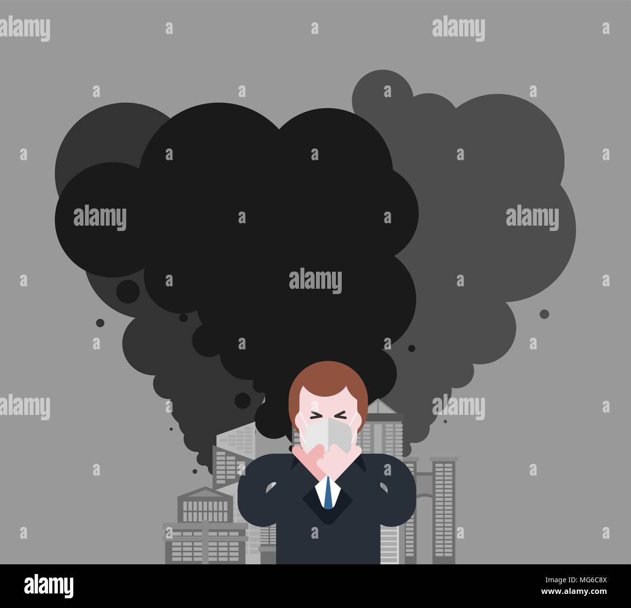 Industrial city. Man in mask from dust. Guy in respirator. Contaminated ...