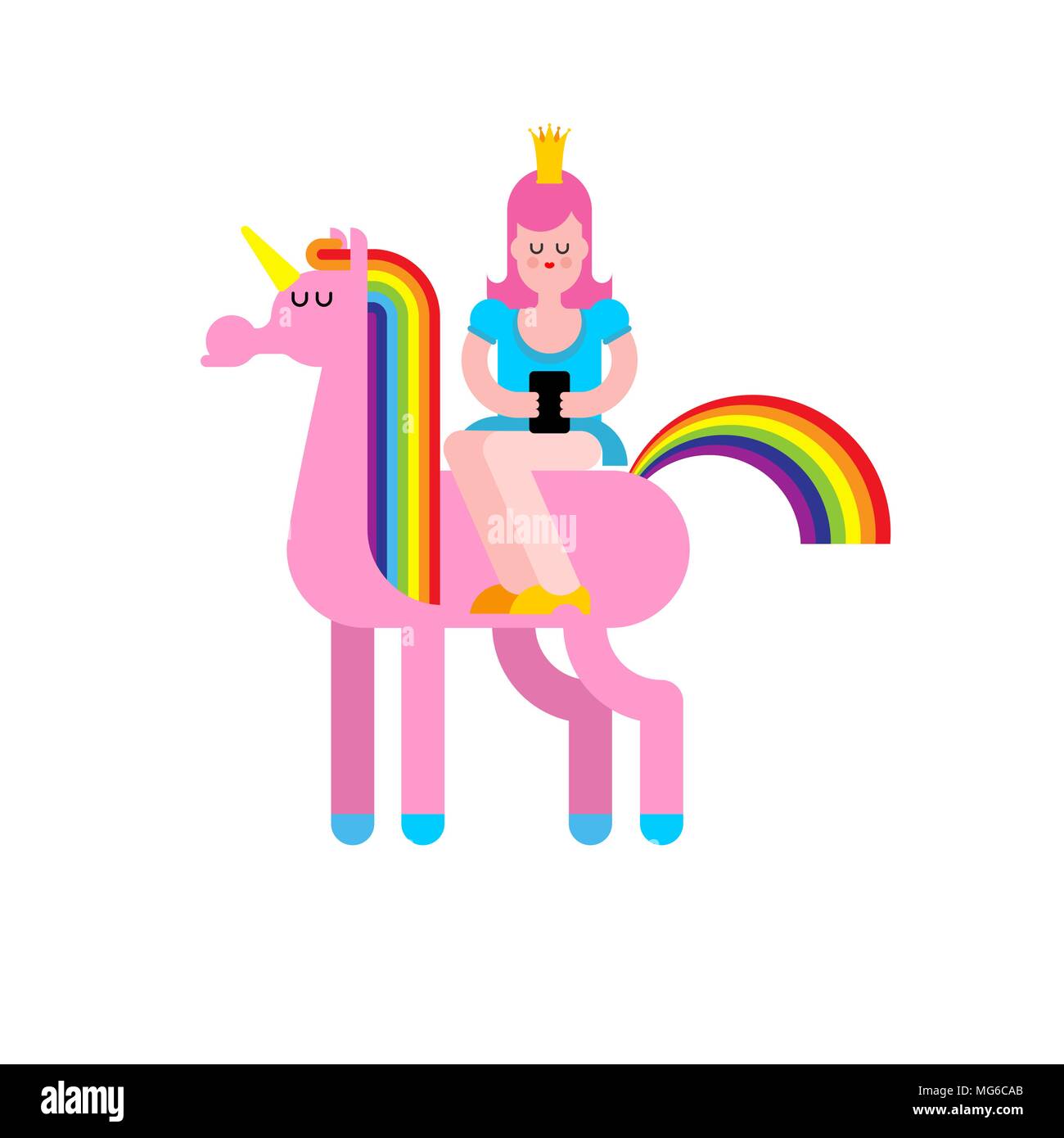 Princess on Unicorn and smartphone. Daughter of king on Fairy Horse ...