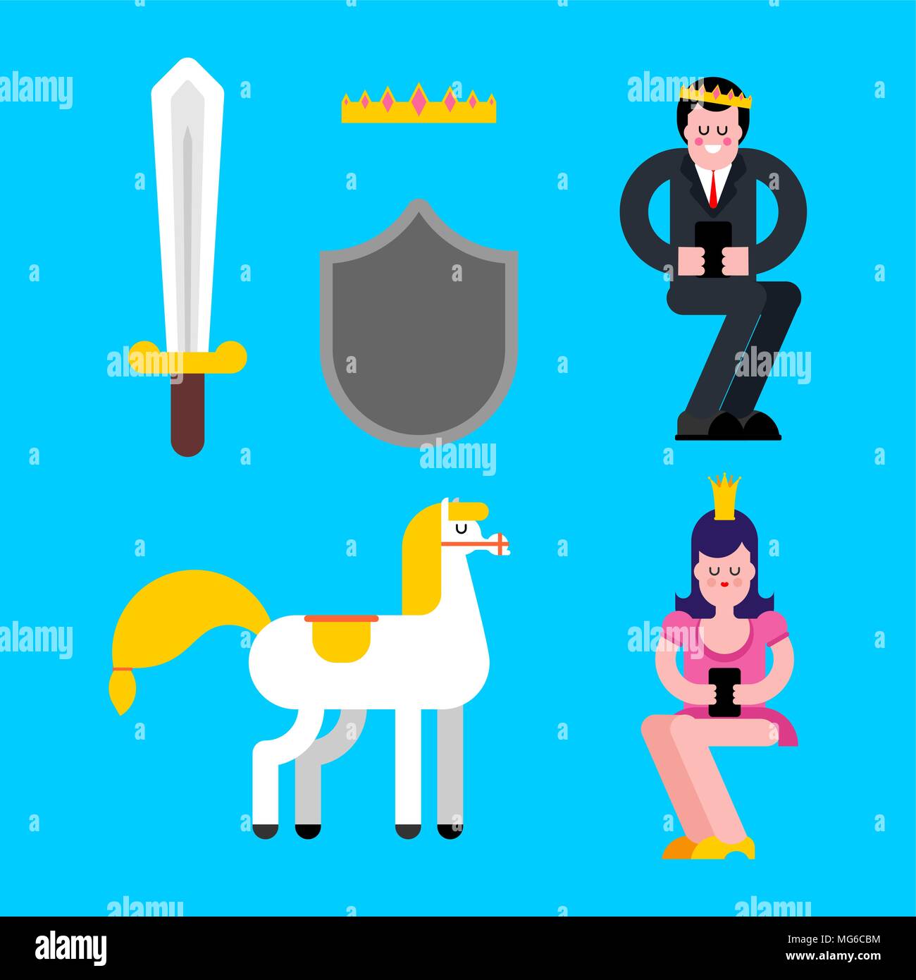 Prince and Princess set. Shield and sword. Crown and White horse. Kings ...